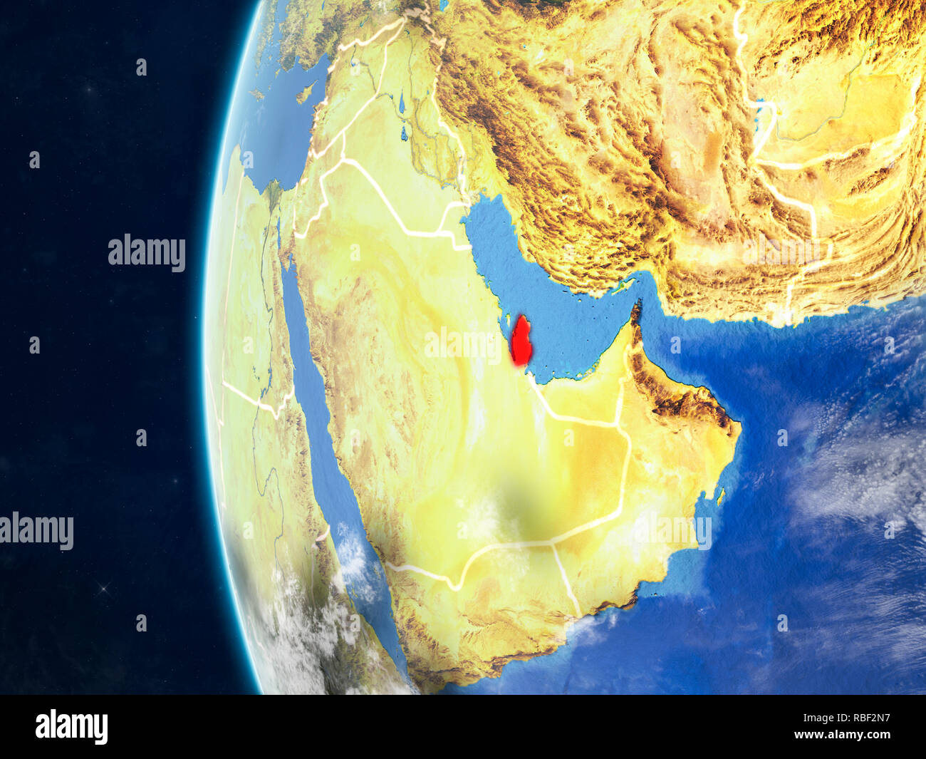 Qatar from space on model of planet Earth with country borders and very ...