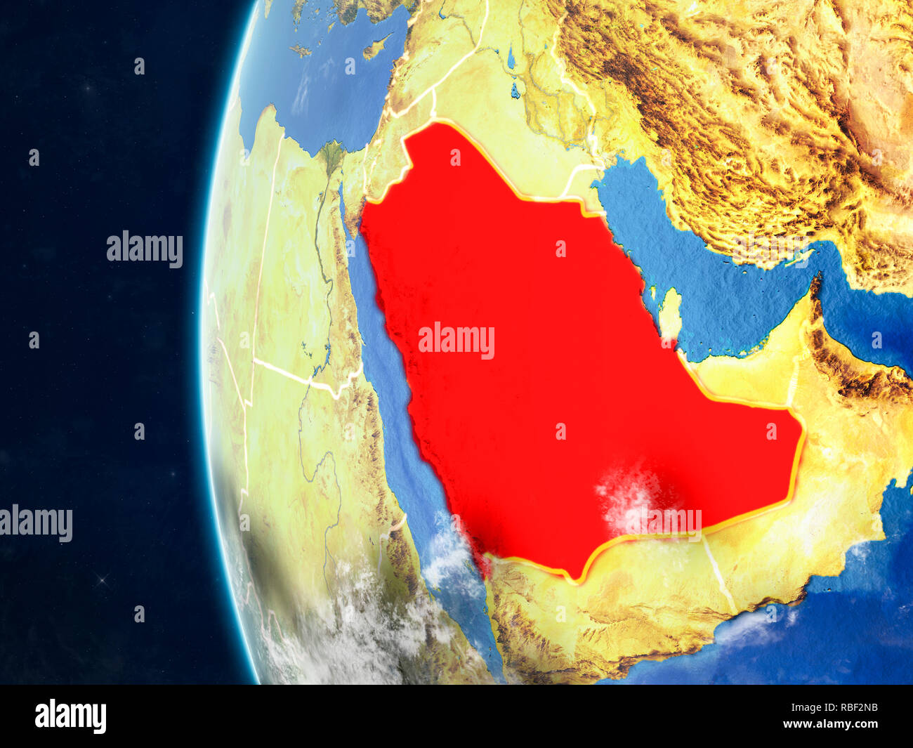 Saudi Arabia from space on model of planet Earth with country borders ...