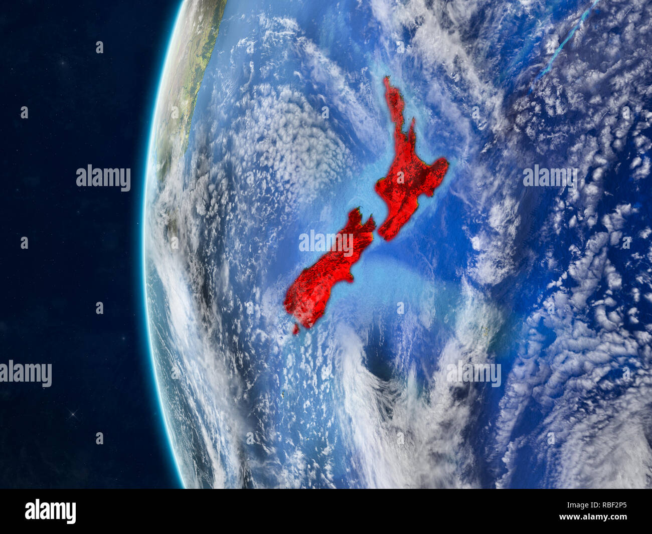 New Zealand from space on model of planet Earth with country borders ...
