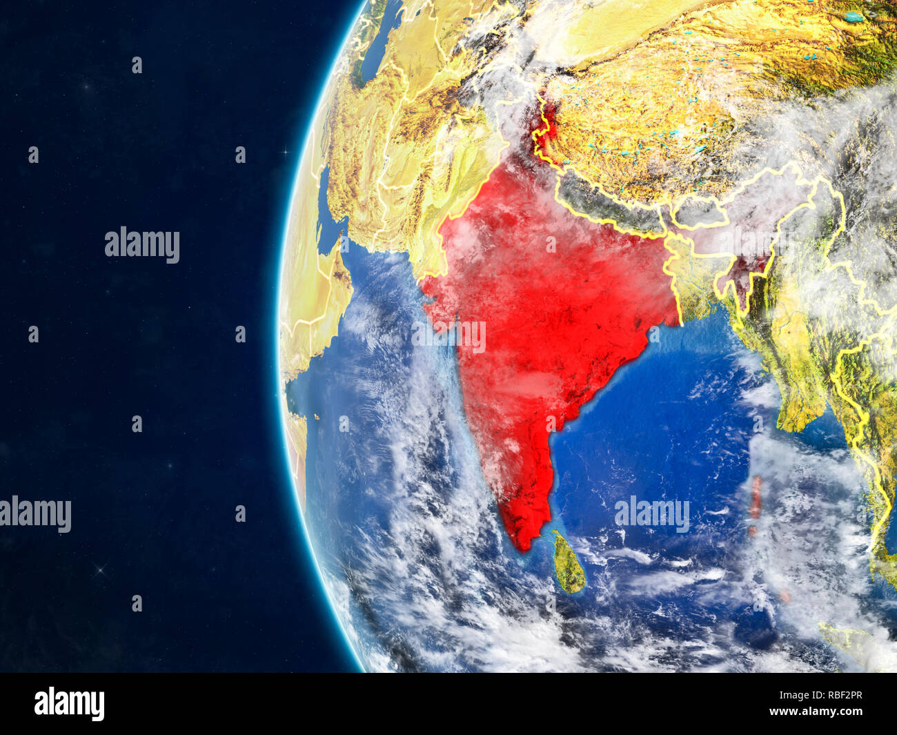 India from space on model of planet Earth with country borders and very ...