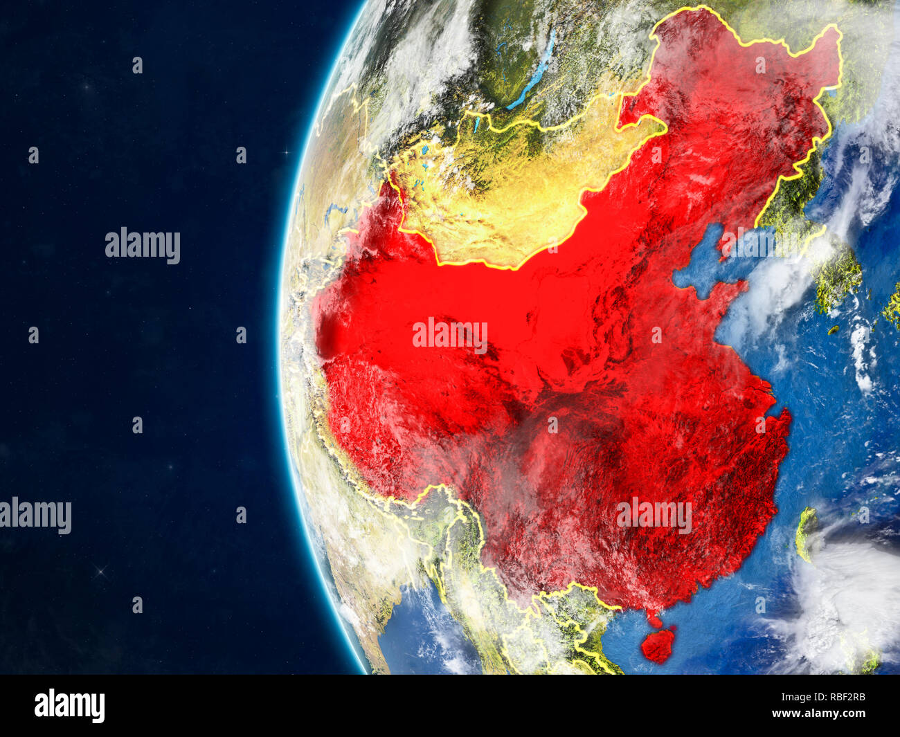 China from space on model of planet Earth with country borders and very ...