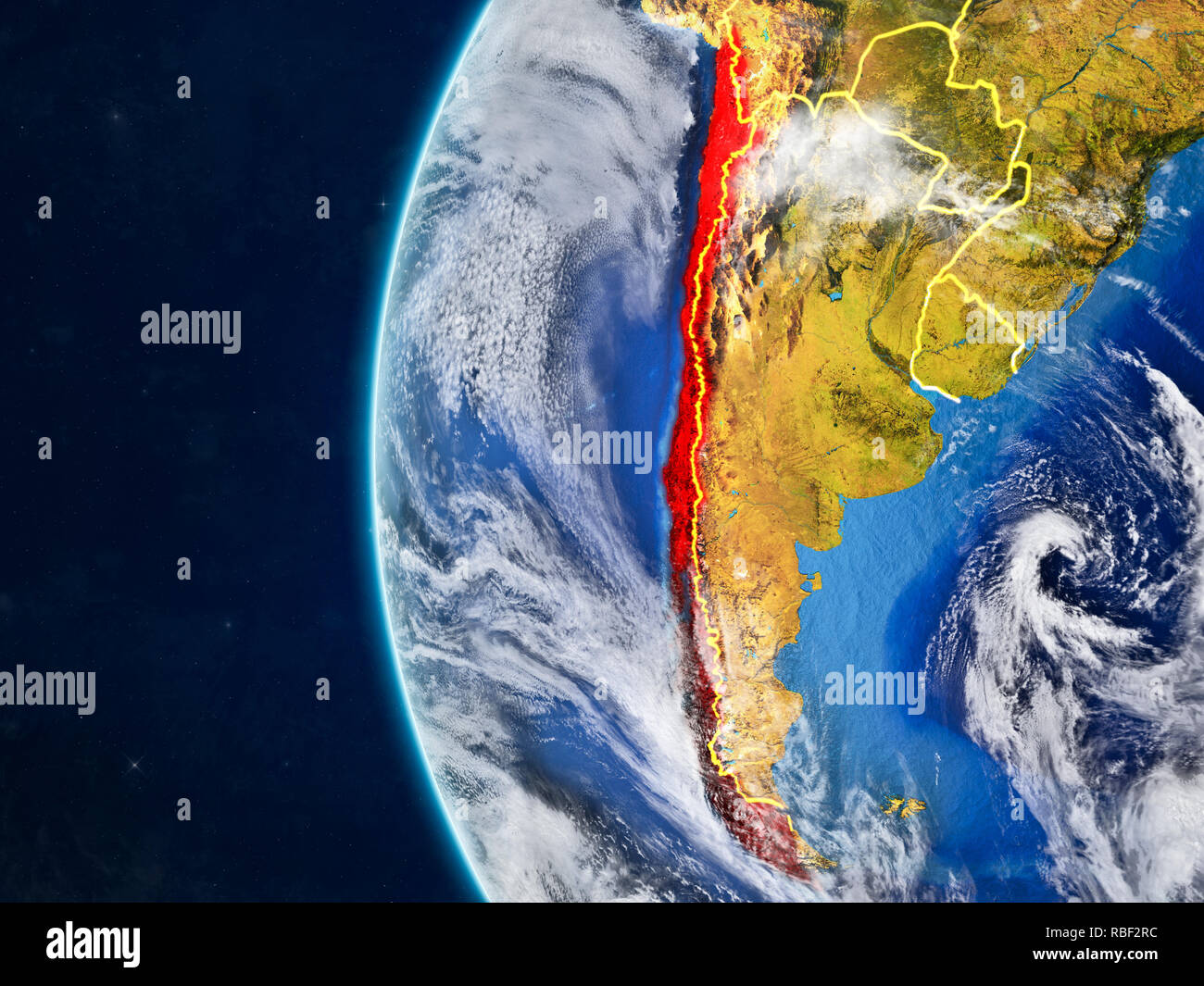 Chile from space on model of planet Earth with country borders and very ...