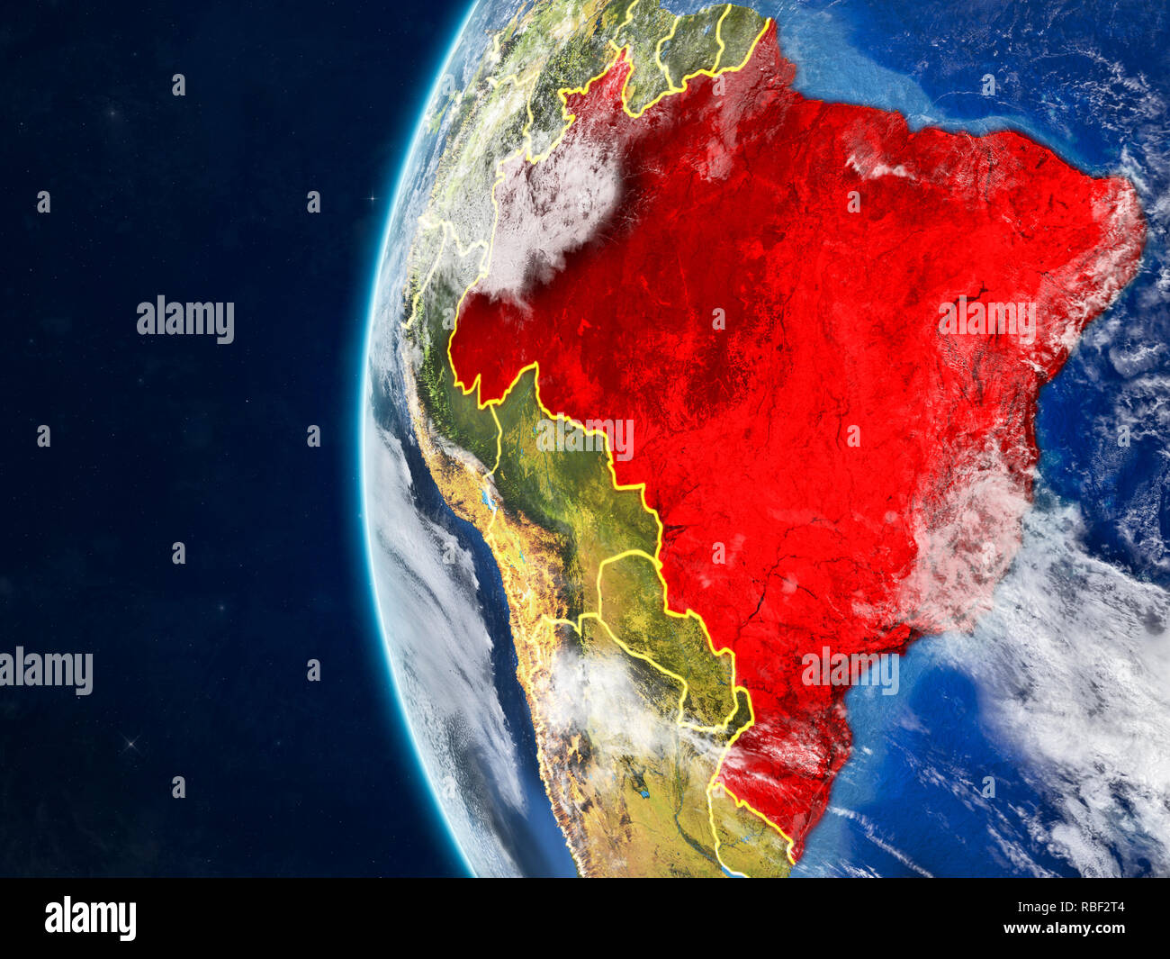 Brazil from space on model of planet Earth with country borders and ...
