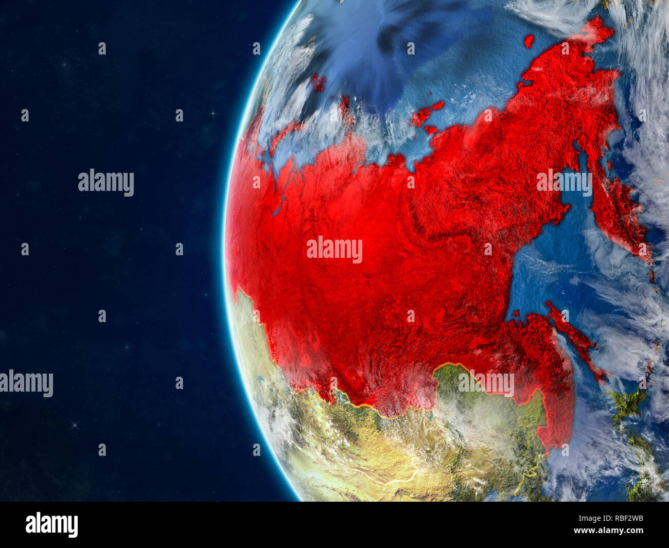 Russia from space on model of planet Earth with country borders and ...
