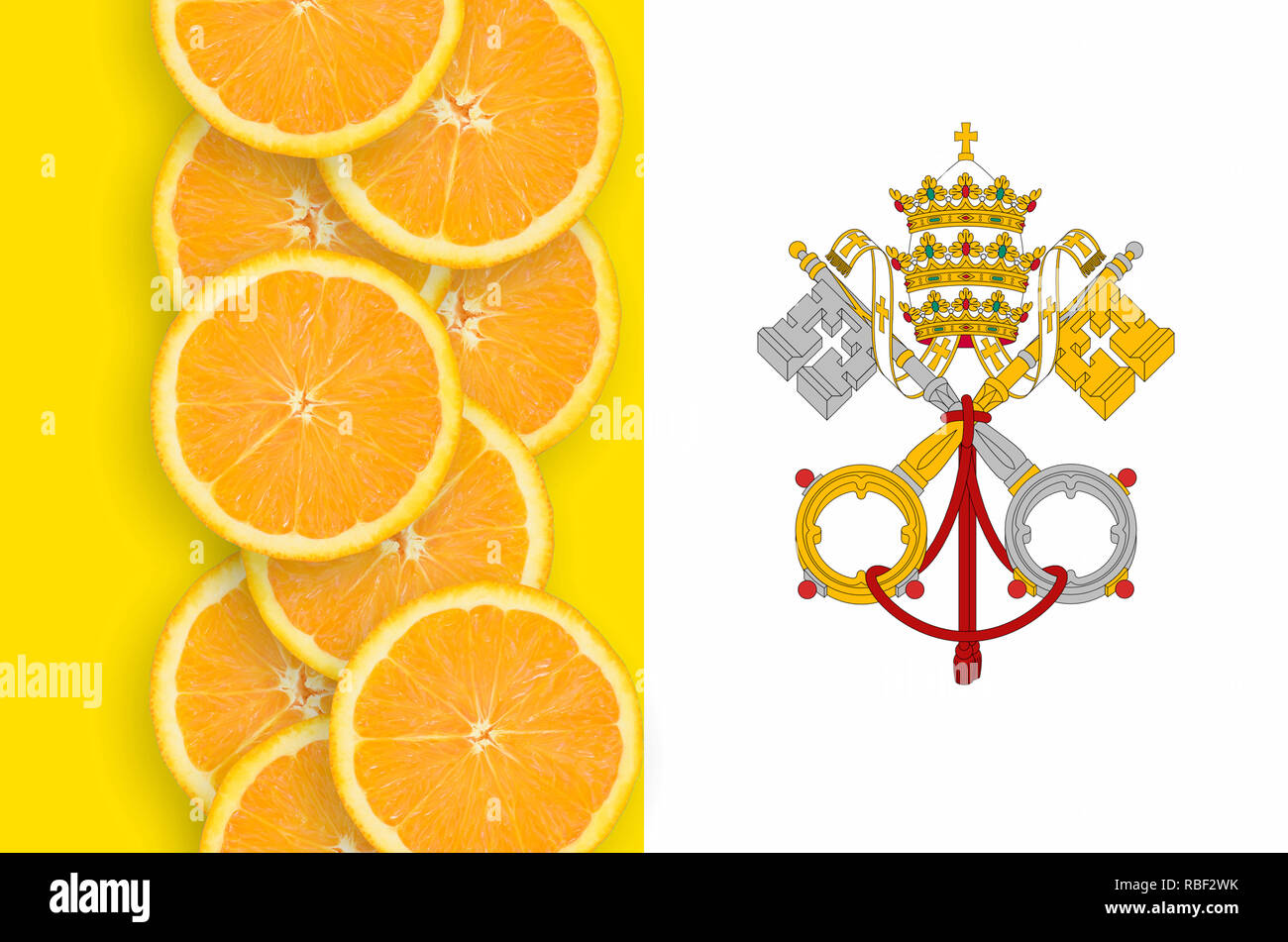 Vatican City State flag and vertical row of orange citrus fruit slices ...