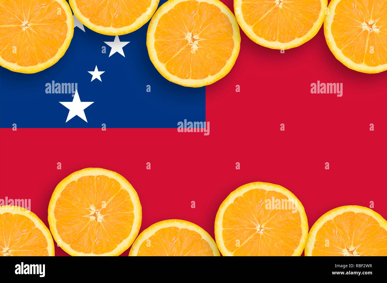 Samoa flag in horizontal frame of orange citrus fruit slices. Concept ...