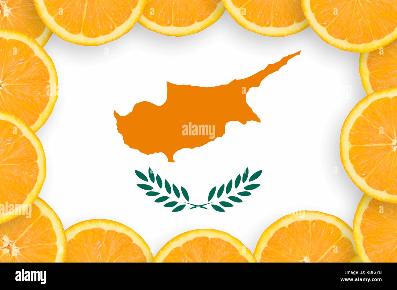 Cyprus flag in frame of orange citrus fruit slices. Concept of growing ...