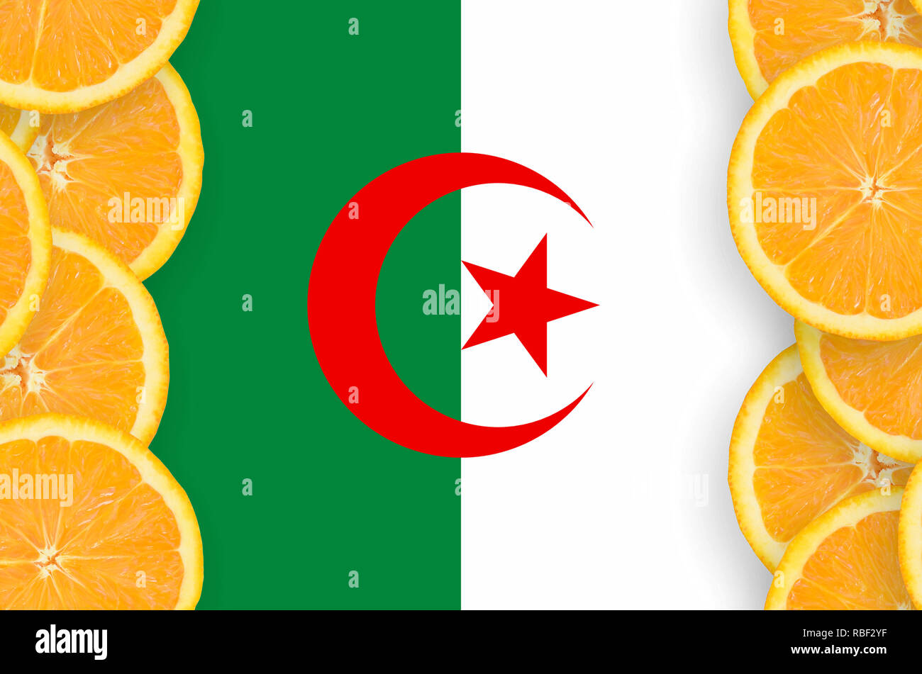 Algeria flag in vertical frame of orange citrus fruit slices. Concept ...