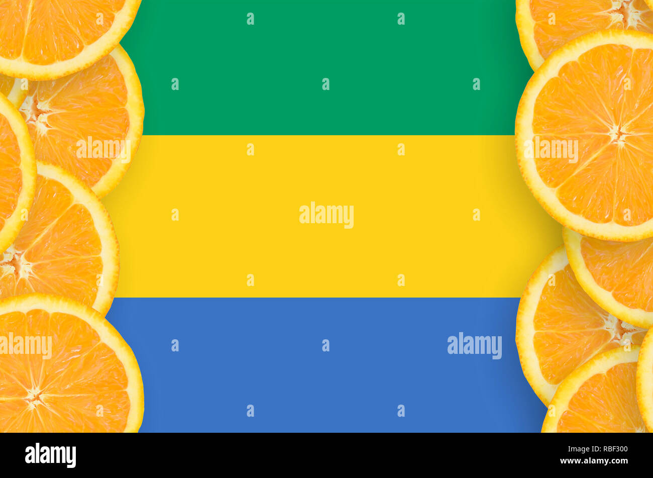 Gabon flag in vertical frame of orange citrus fruit slices. Concept of ...