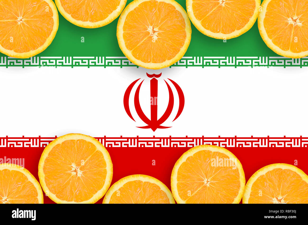 Iran flag in horizontal frame of orange citrus fruit slices. Concept of ...