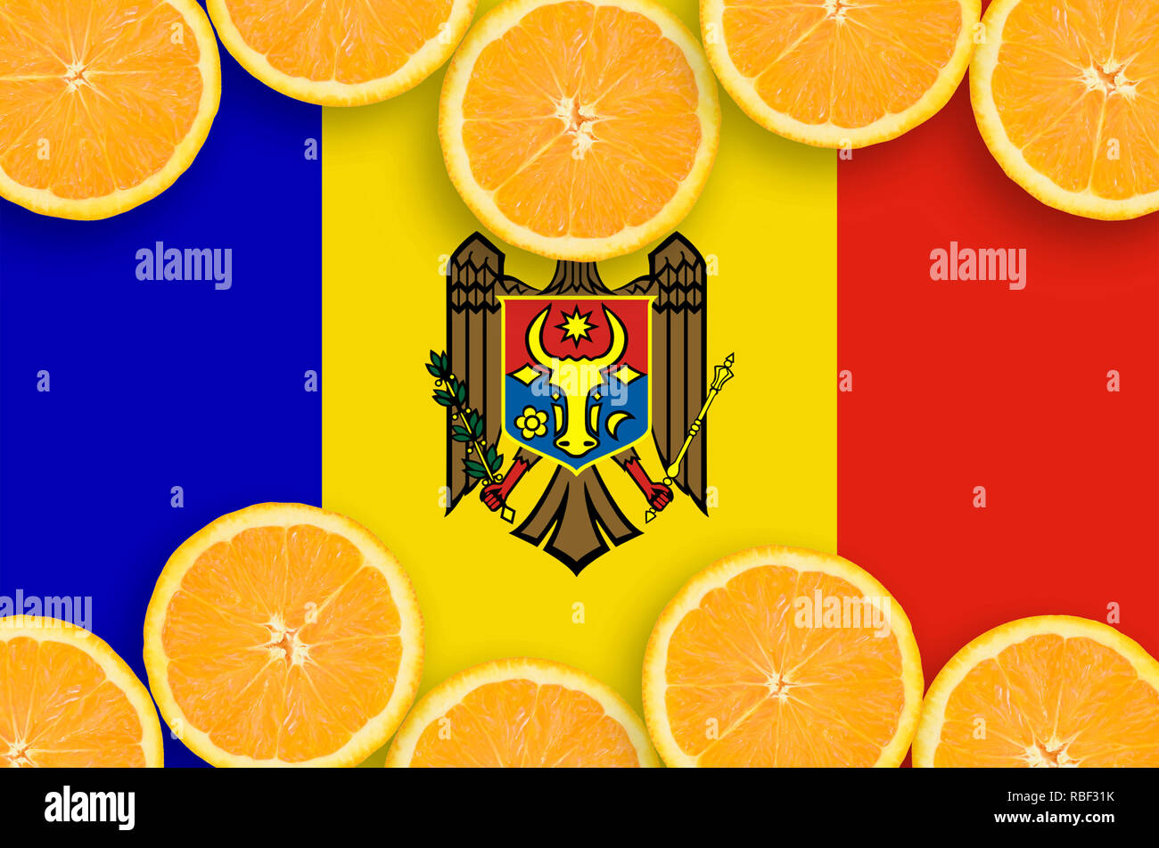 Moldova flag in horizontal frame of orange citrus fruit slices. Concept ...