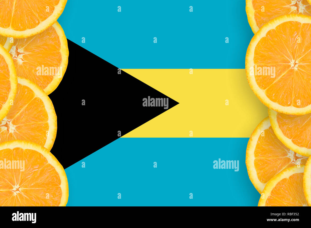 Bahamas flag in vertical frame of orange citrus fruit slices. Concept ...