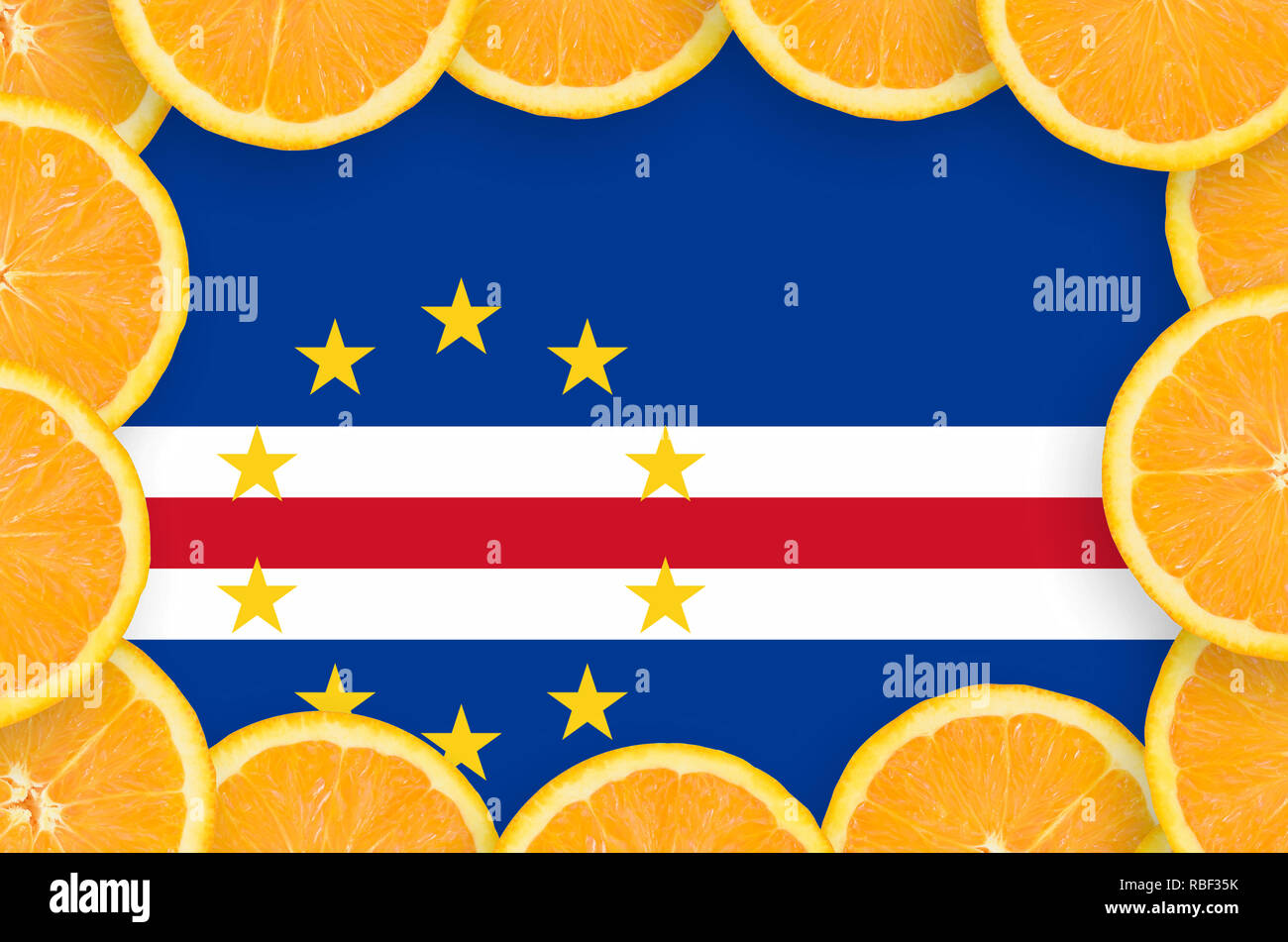 Cabo verde flag in frame of orange citrus fruit slices. Concept of ...