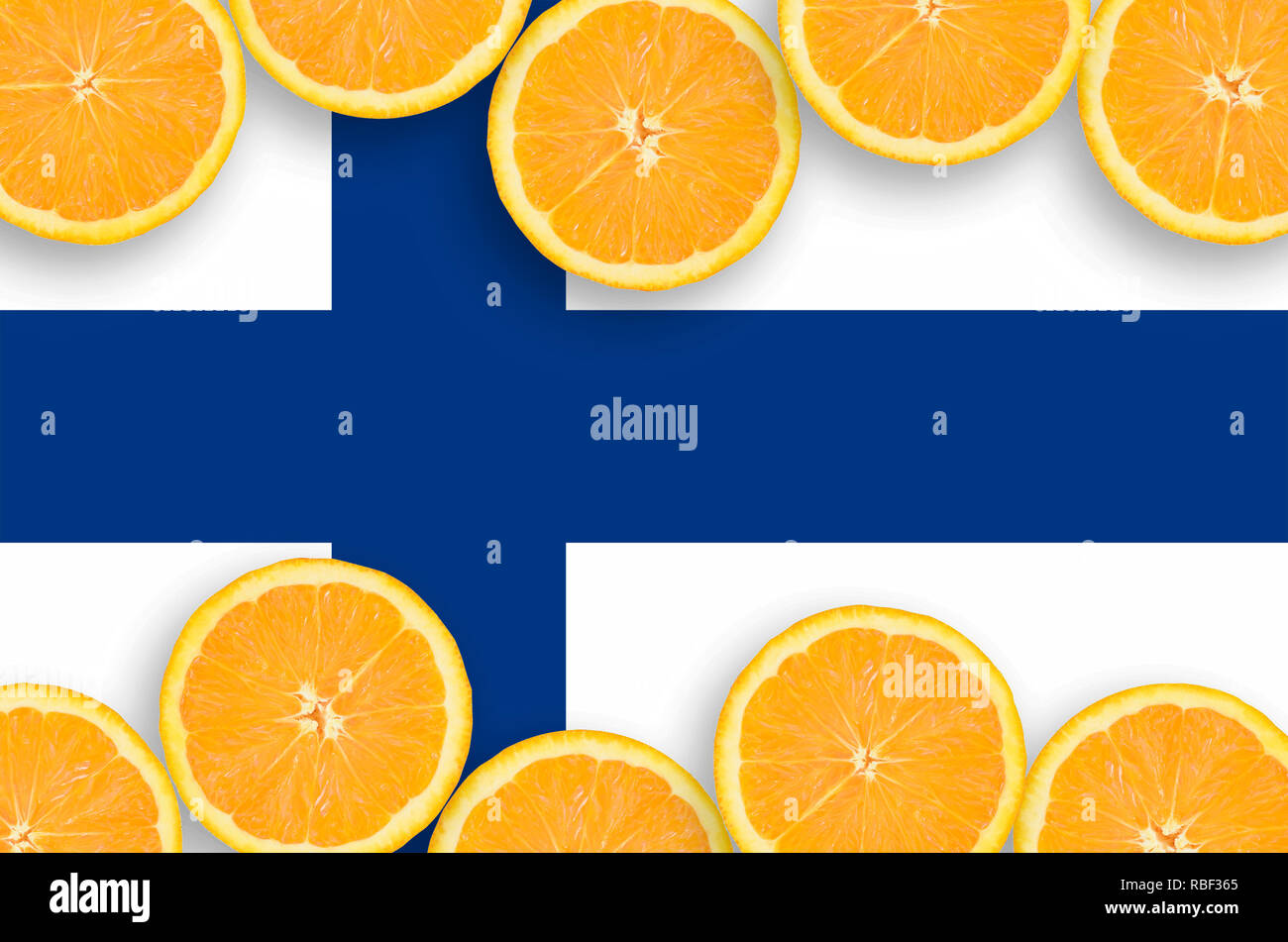 Finland flag in horizontal frame of orange citrus fruit slices. Concept ...