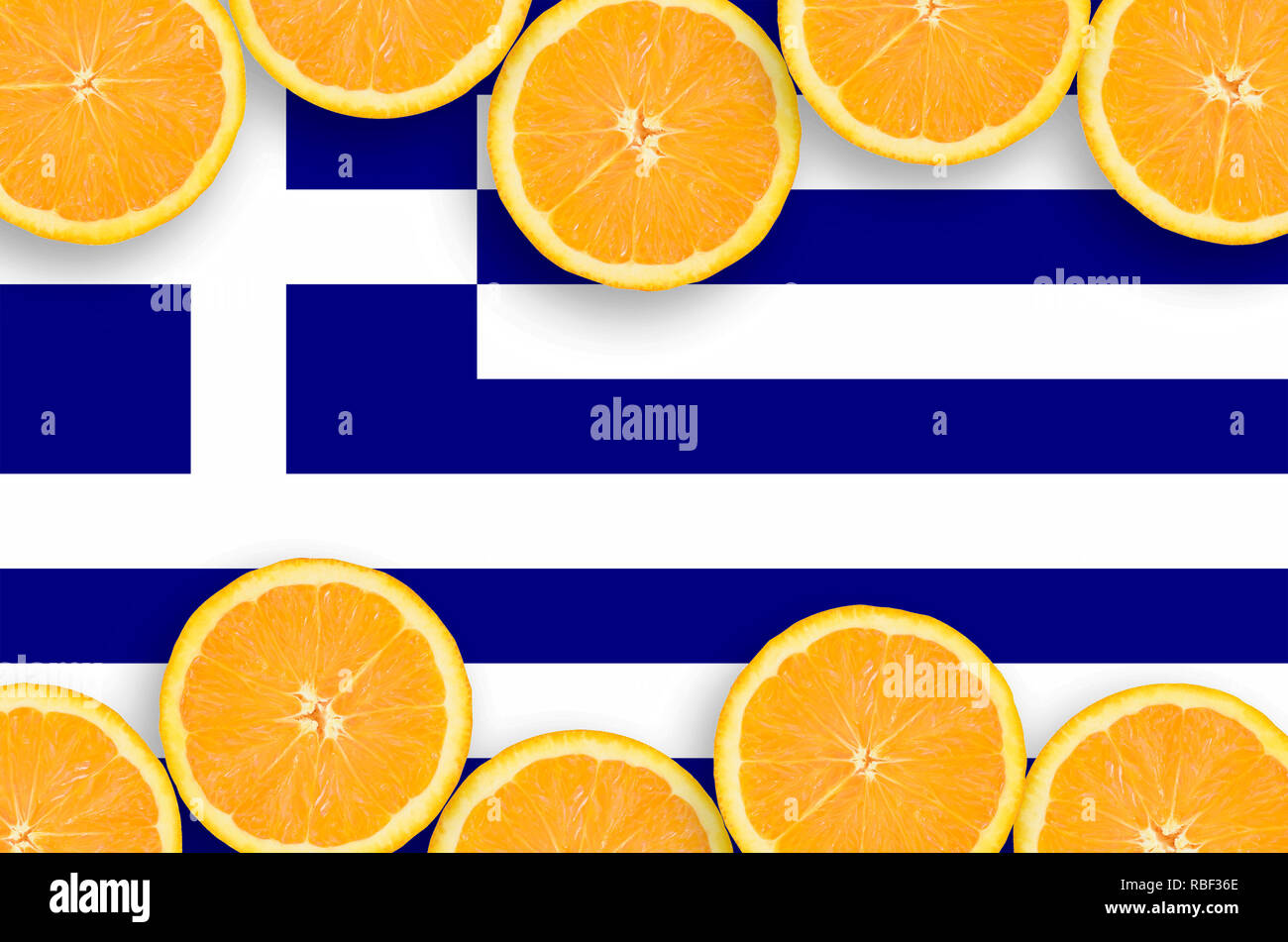 Greece flag in horizontal frame of orange citrus fruit slices. Concept ...