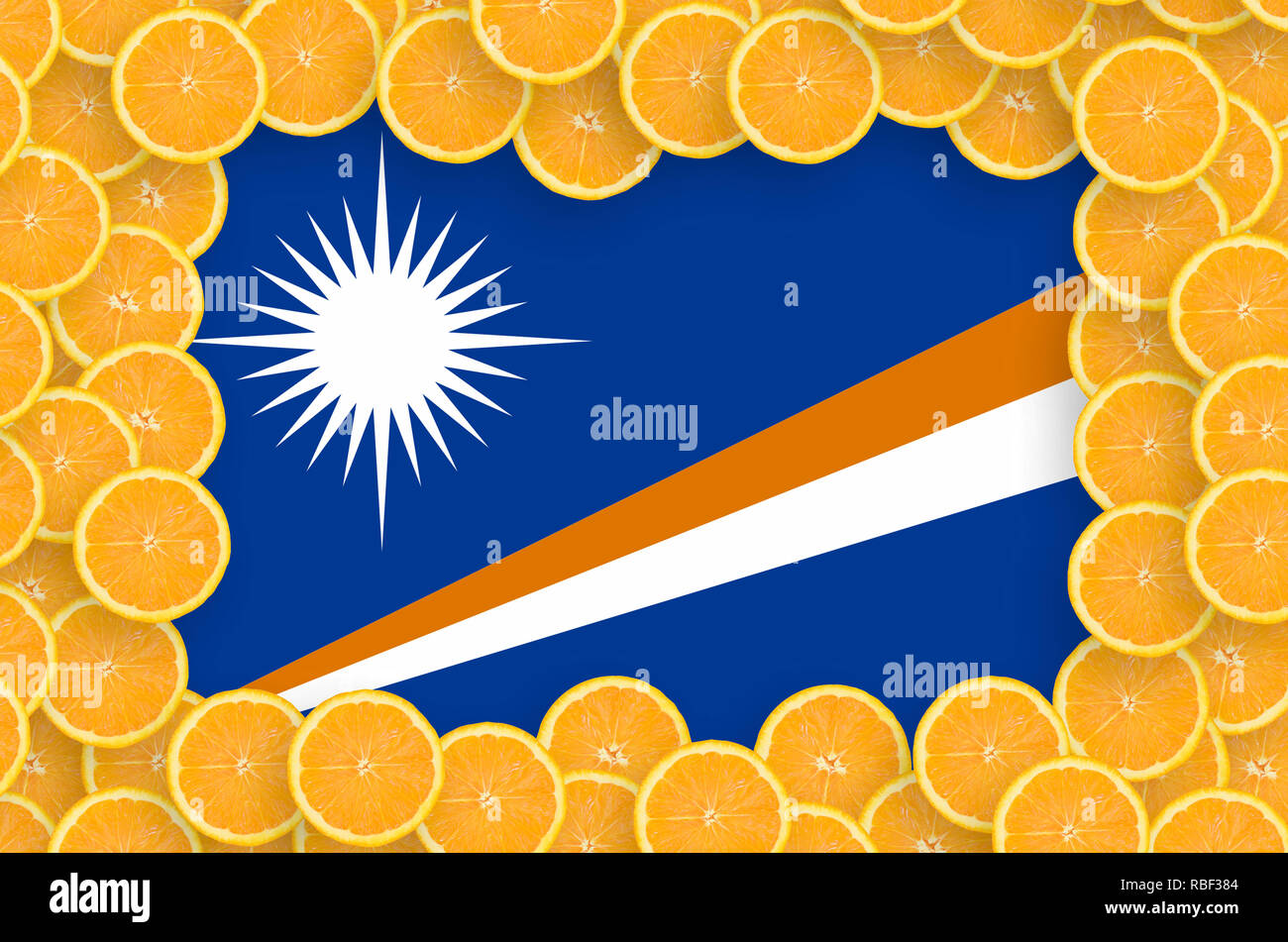 Marshall Islands flag in frame of orange citrus fruit slices. Concept ...