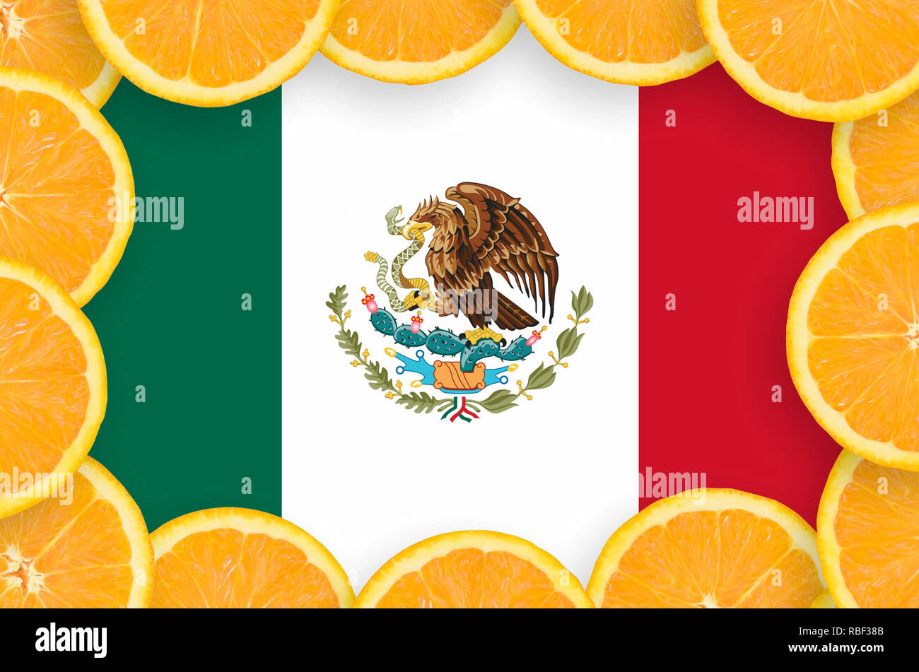 Mexico flag in frame of orange citrus fruit slices. Concept of growing ...