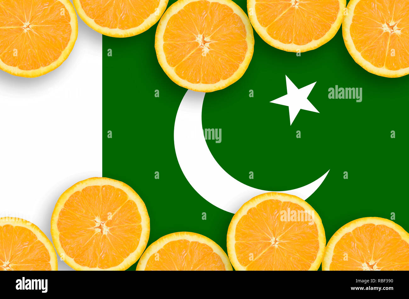 Pakistan flag in horizontal frame of orange citrus fruit slices ...