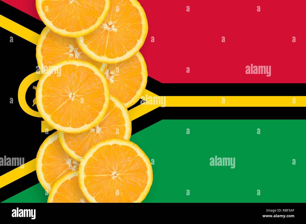 Vanuatu flag and vertical row of orange citrus fruit slices. Concept of ...
