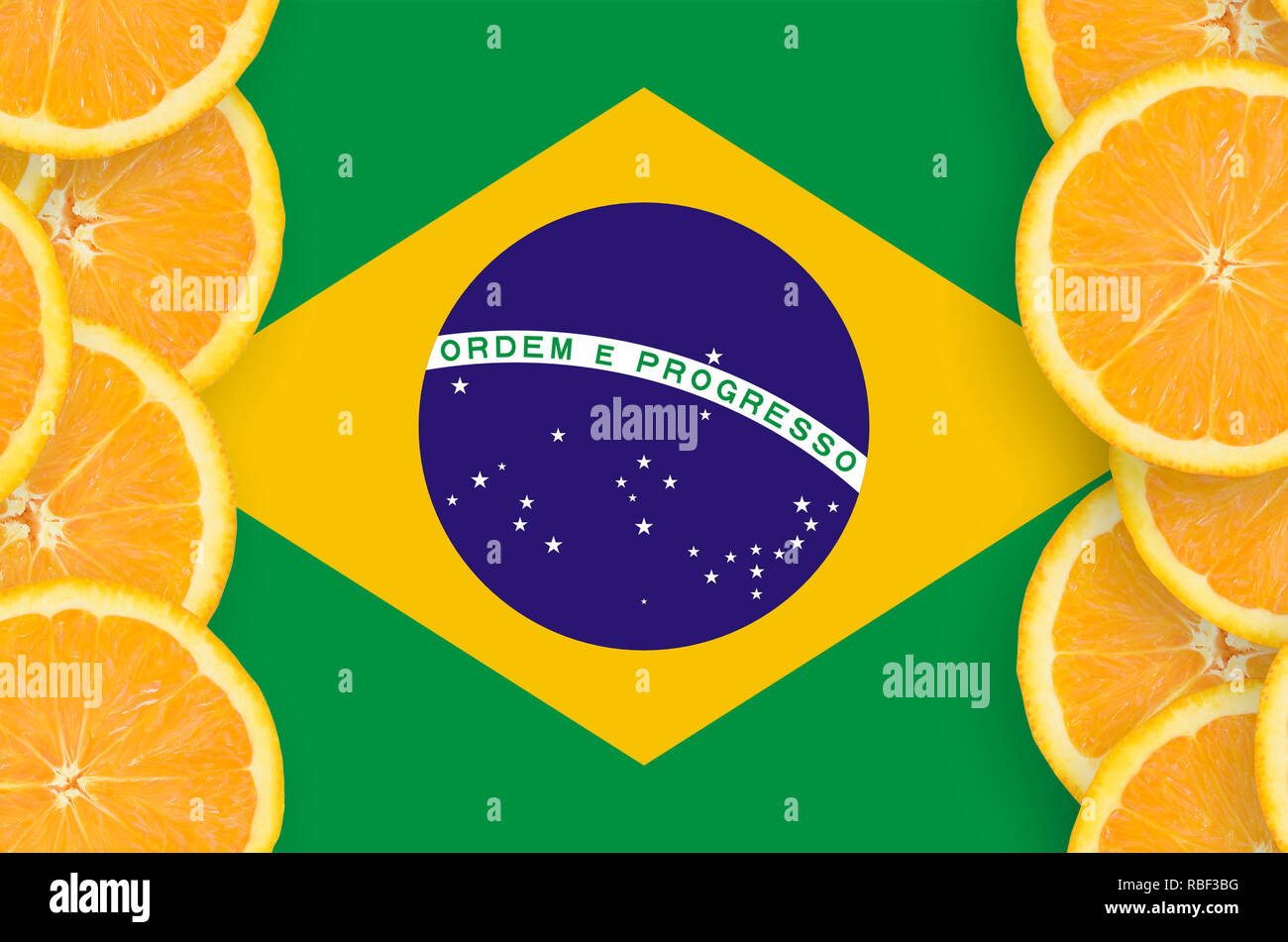 Brazil flag in vertical frame of orange citrus fruit slices. Concept of ...