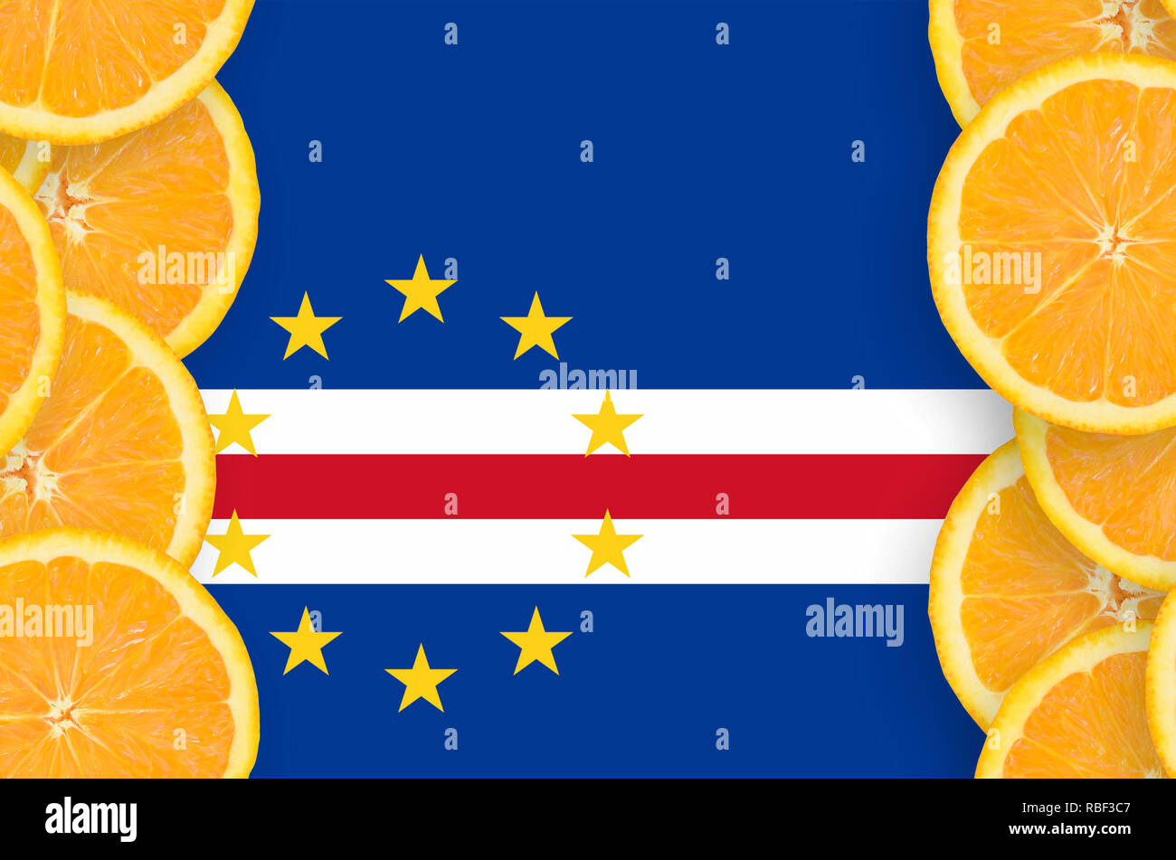 Cabo verde flag in vertical frame of orange citrus fruit slices ...