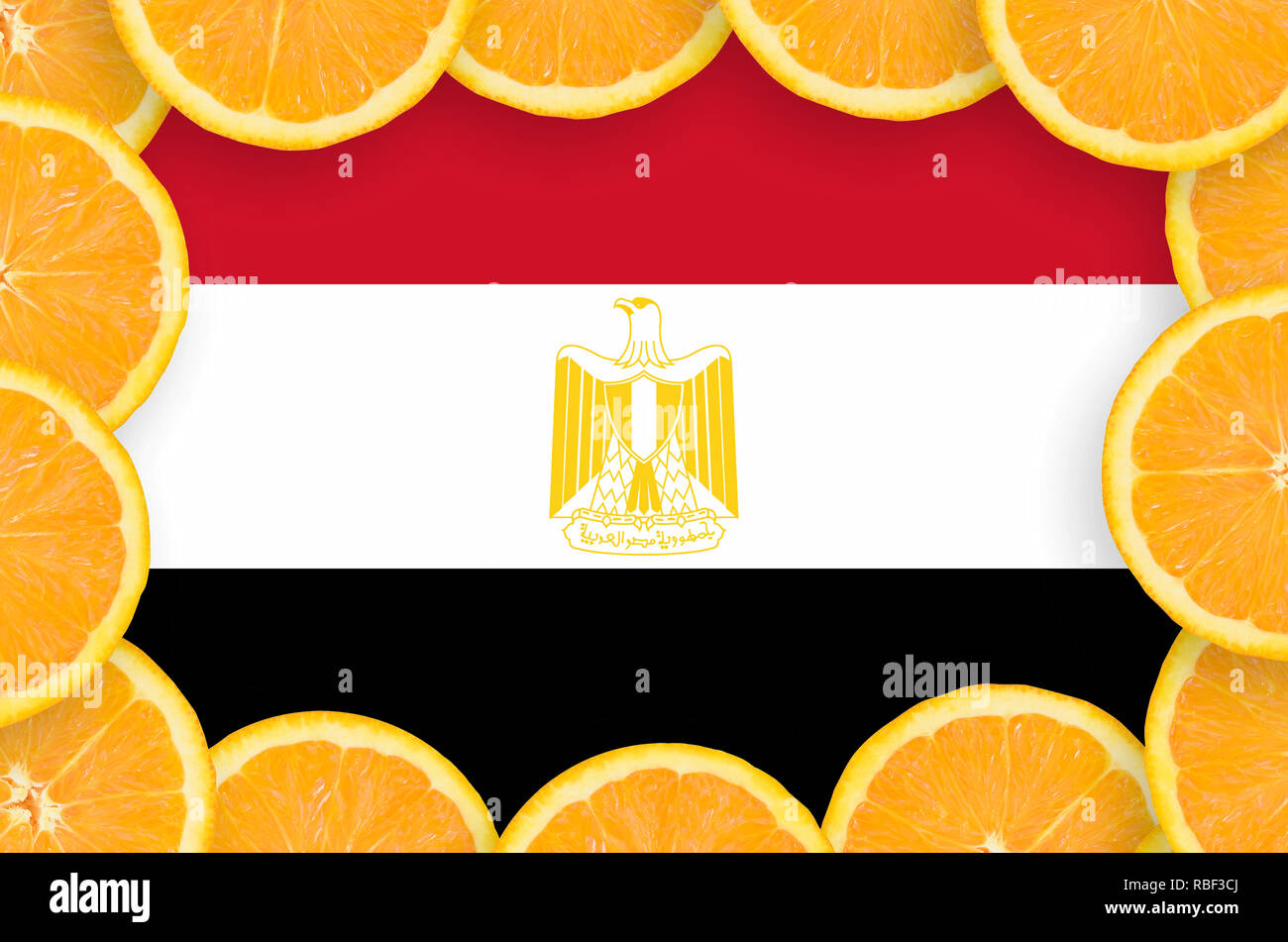 Egypt flag in frame of orange citrus fruit slices. Concept of growing ...