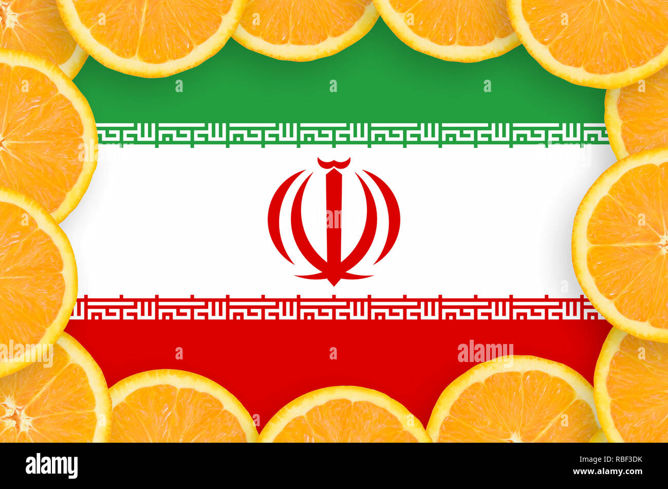 Iran flag in frame of orange citrus fruit slices. Concept of growing as ...