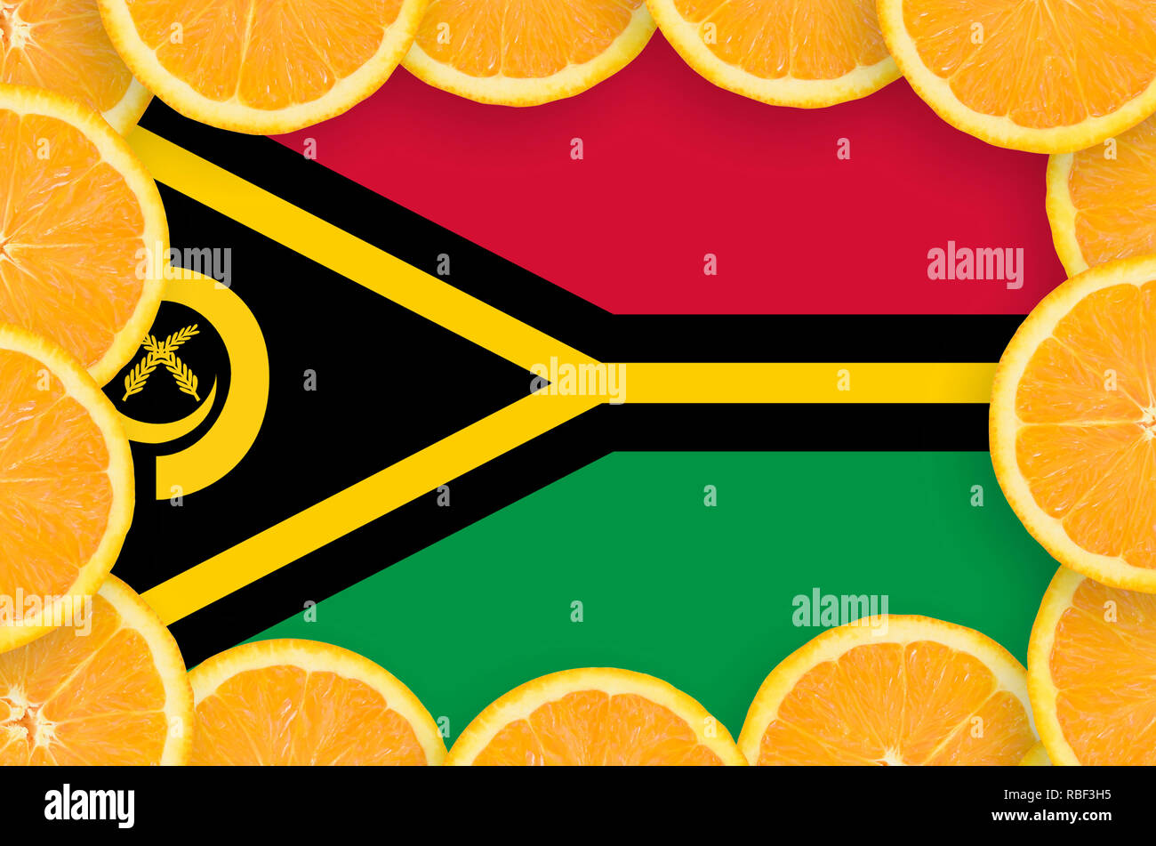 Vanuatu flag in frame of orange citrus fruit slices. Concept of growing ...
