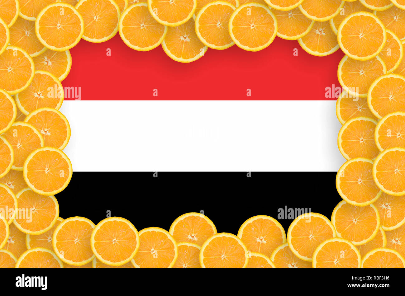 Yemen flag in frame of orange citrus fruit slices. Concept of growing ...