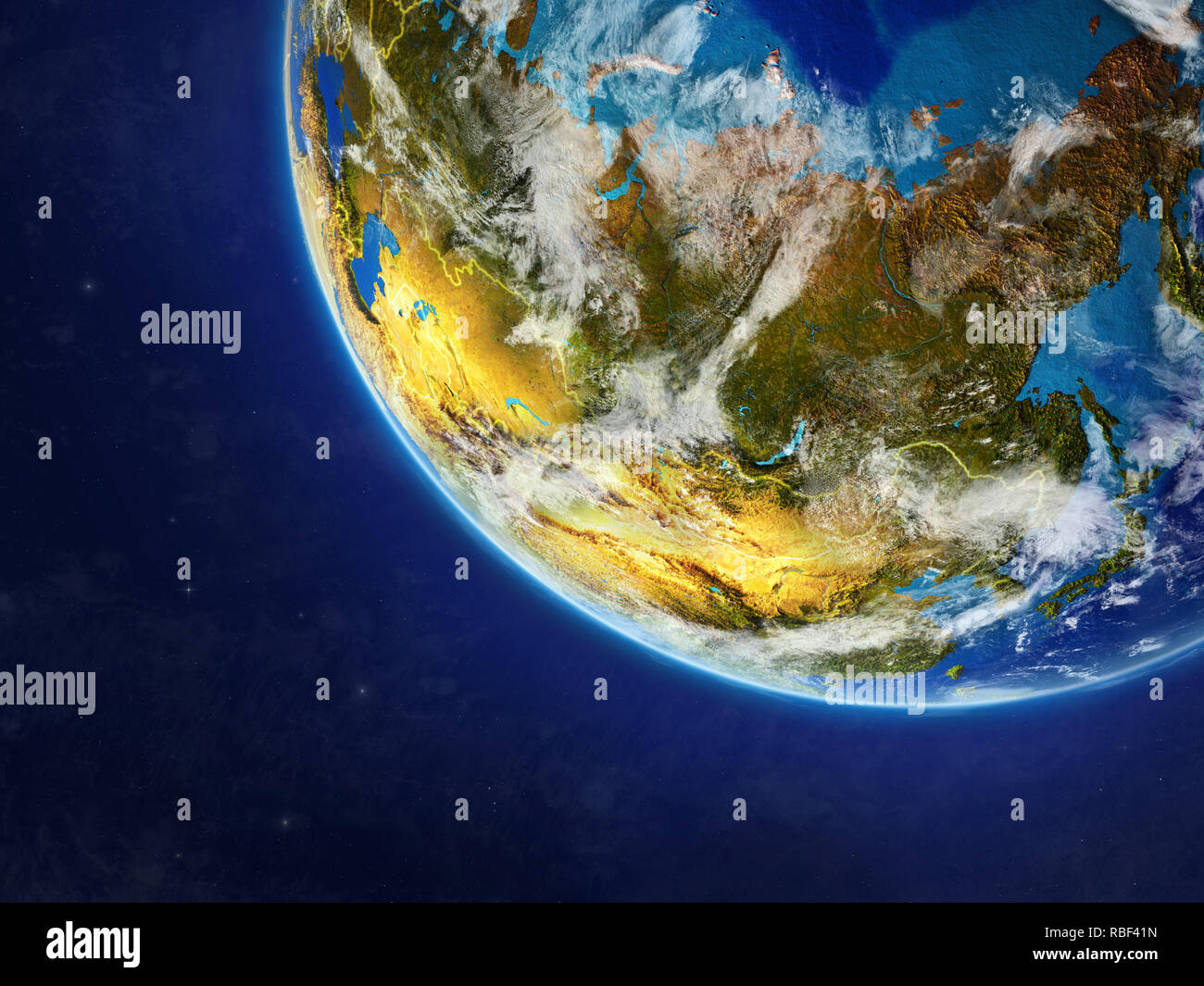 Asia on planet Earth from space with country borders. Very fine detail ...