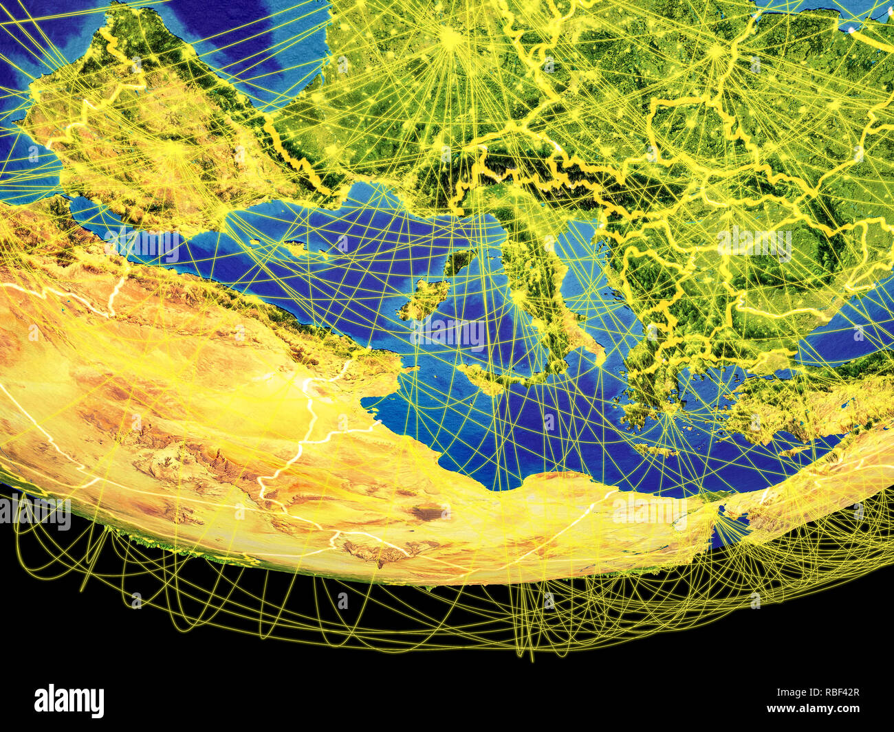 Southern Europe from space on Earth with country borders and lines ...