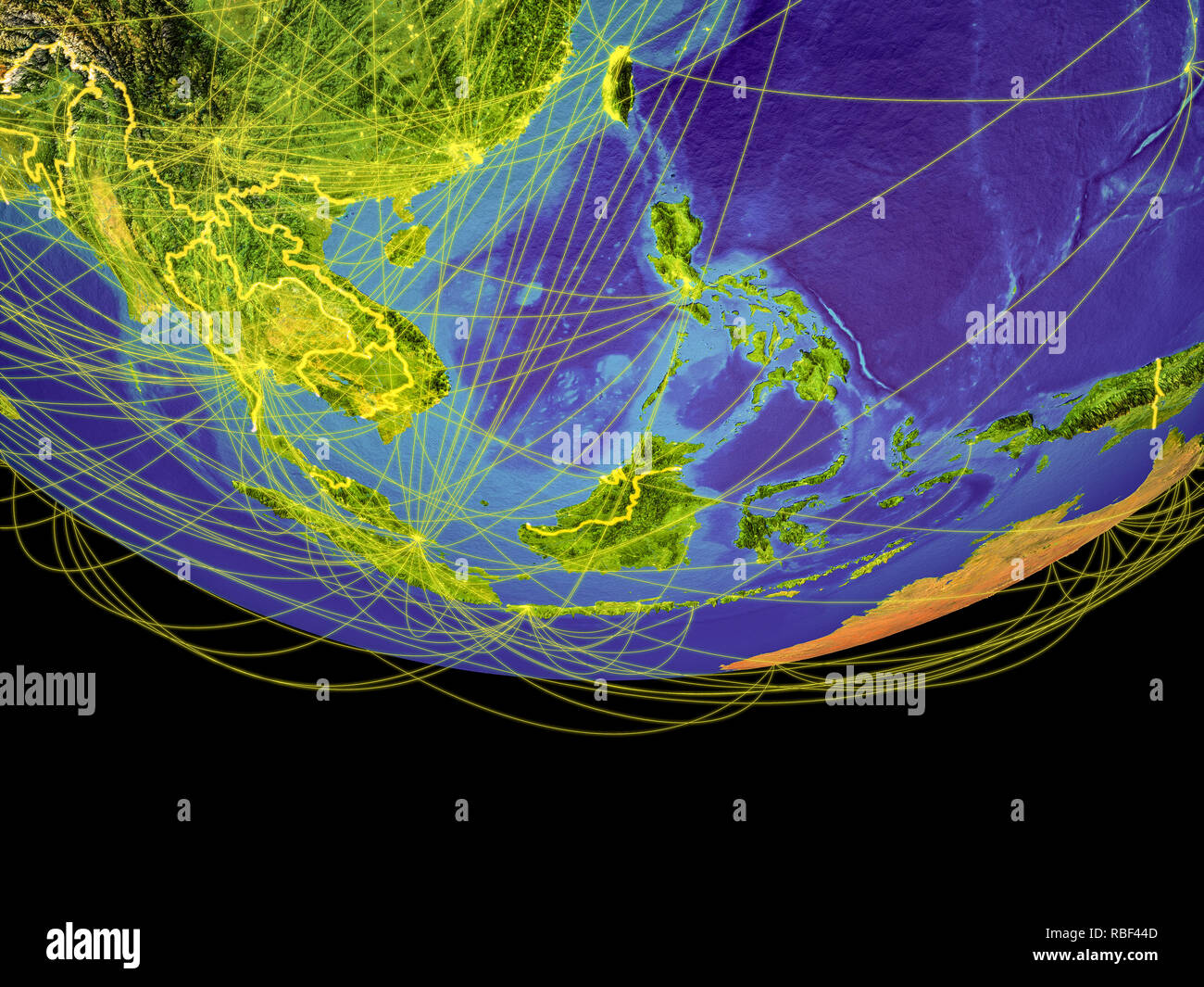 South East Asia from space on Earth with country borders and lines ...