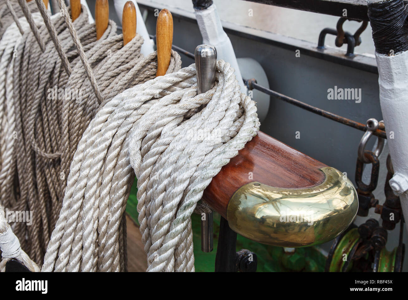 ship rigging rope laid on special mounts outdoor closeup Stock Photo ...