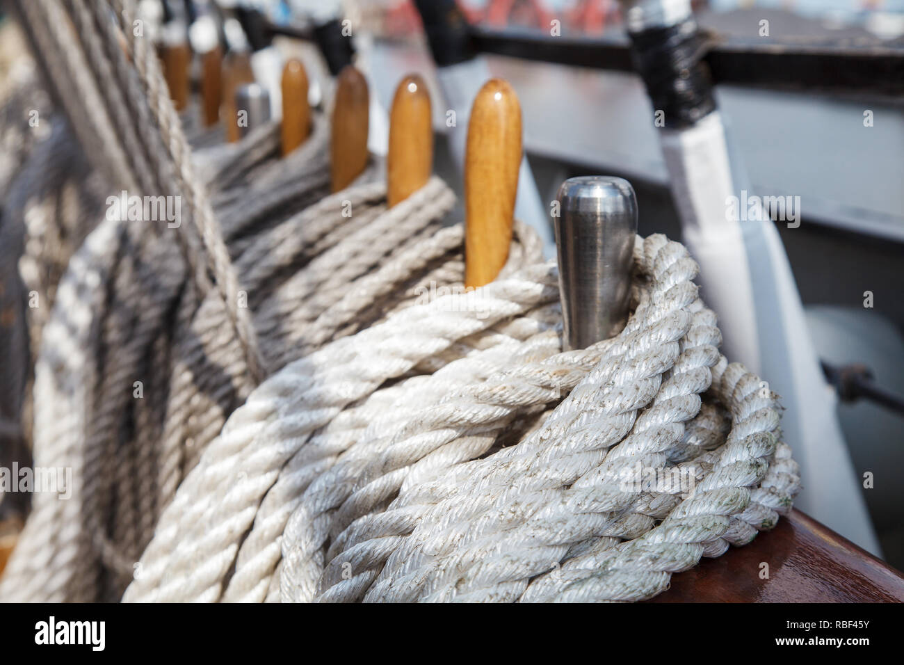 ship rigging rope laid on special mounts outdoor closeup Stock Photo ...