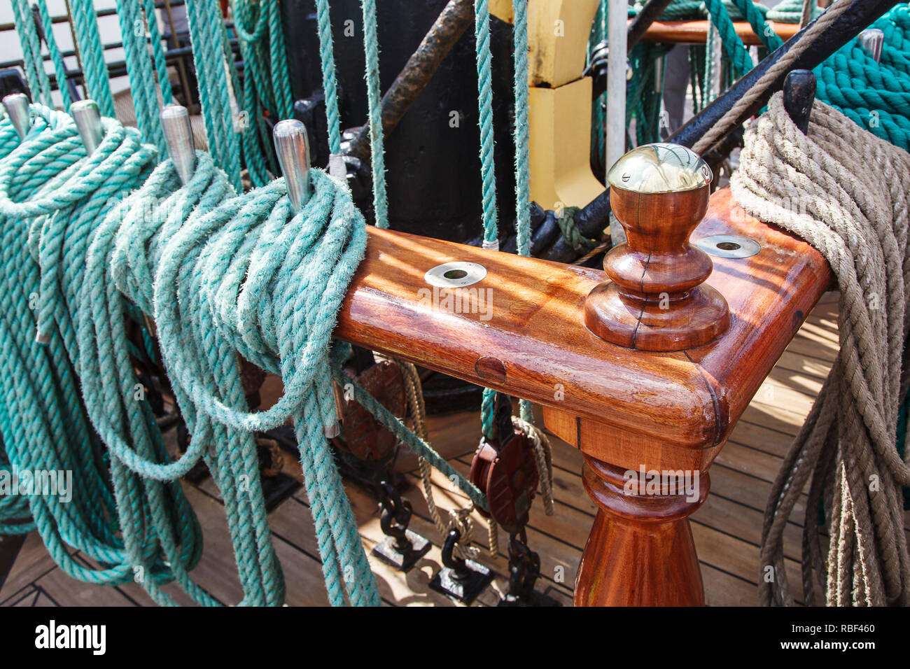 ship rigging rope laid on special mounts outdoor closeup Stock Photo ...