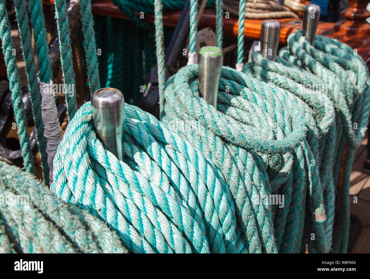 ship rigging rope laid on special mounts outdoor closeup Stock Photo ...