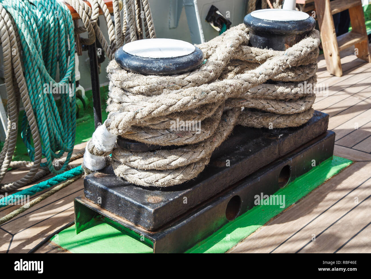 ship rigging rope laid on special mounts outdoor closeup Stock Photo ...