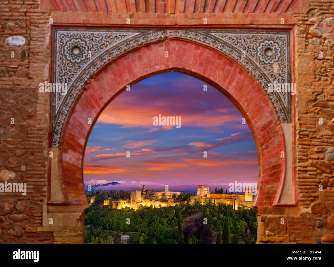 Alhambra arch Granada illustration with alhambra sunset photo mount ...