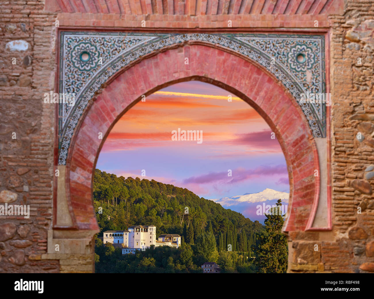 Alhambra arch Granada illustration with Generalife photo mount Stock ...