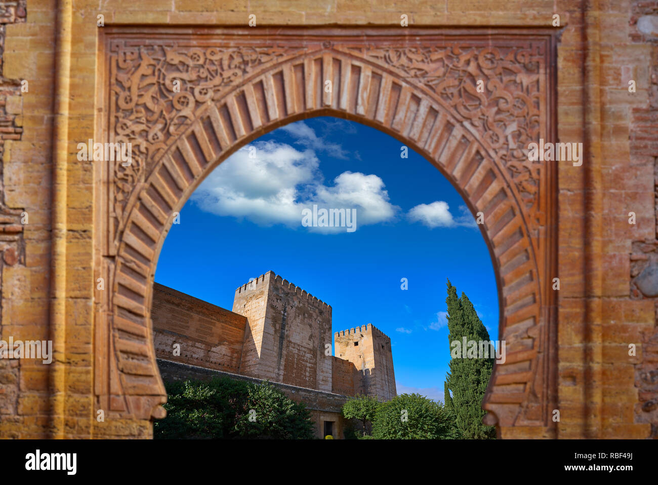 Alhambra arch Granada illustration with Alcazaba photo mount Stock ...