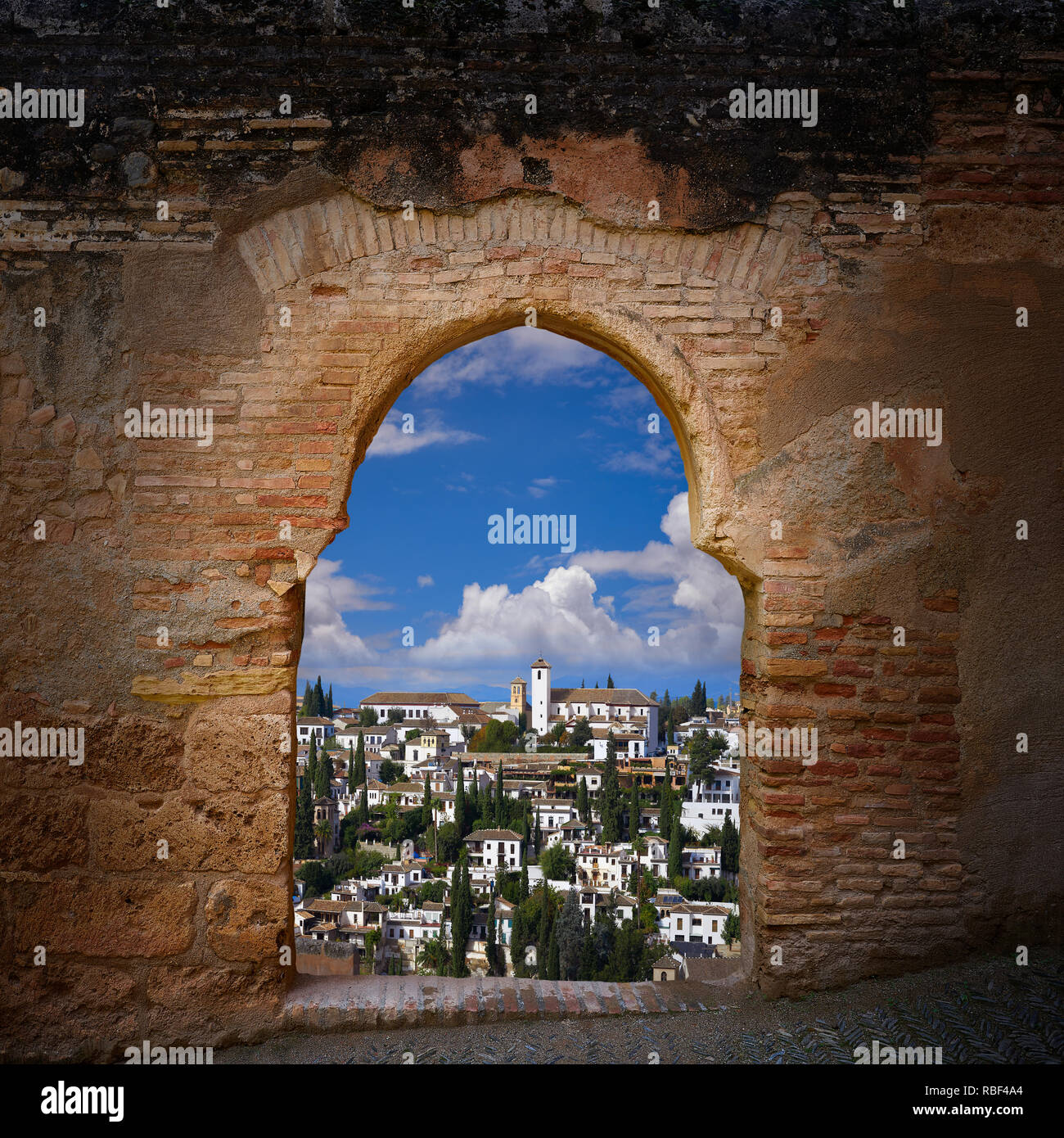 Alhambra arch and Albaicin of Granada photo illustration Stock Photo ...