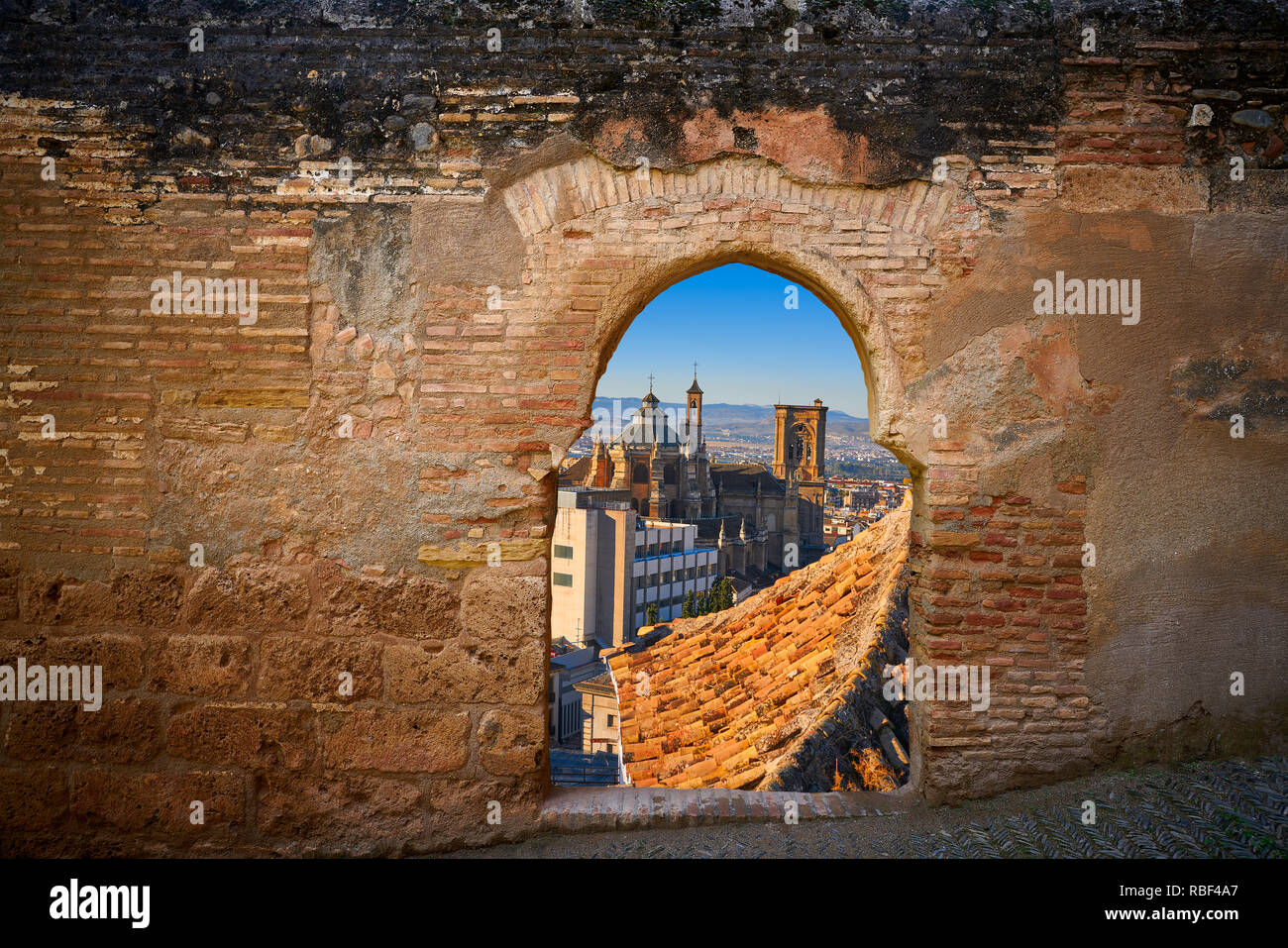 Alhambra arch and Granada cathedral photo illustration Stock Photo - Alamy