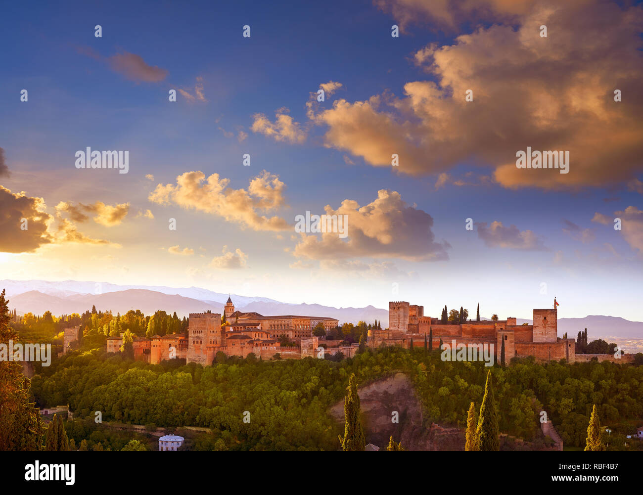 Alhambra sunrise light in Granada of Spain view from Albaicin Stock ...