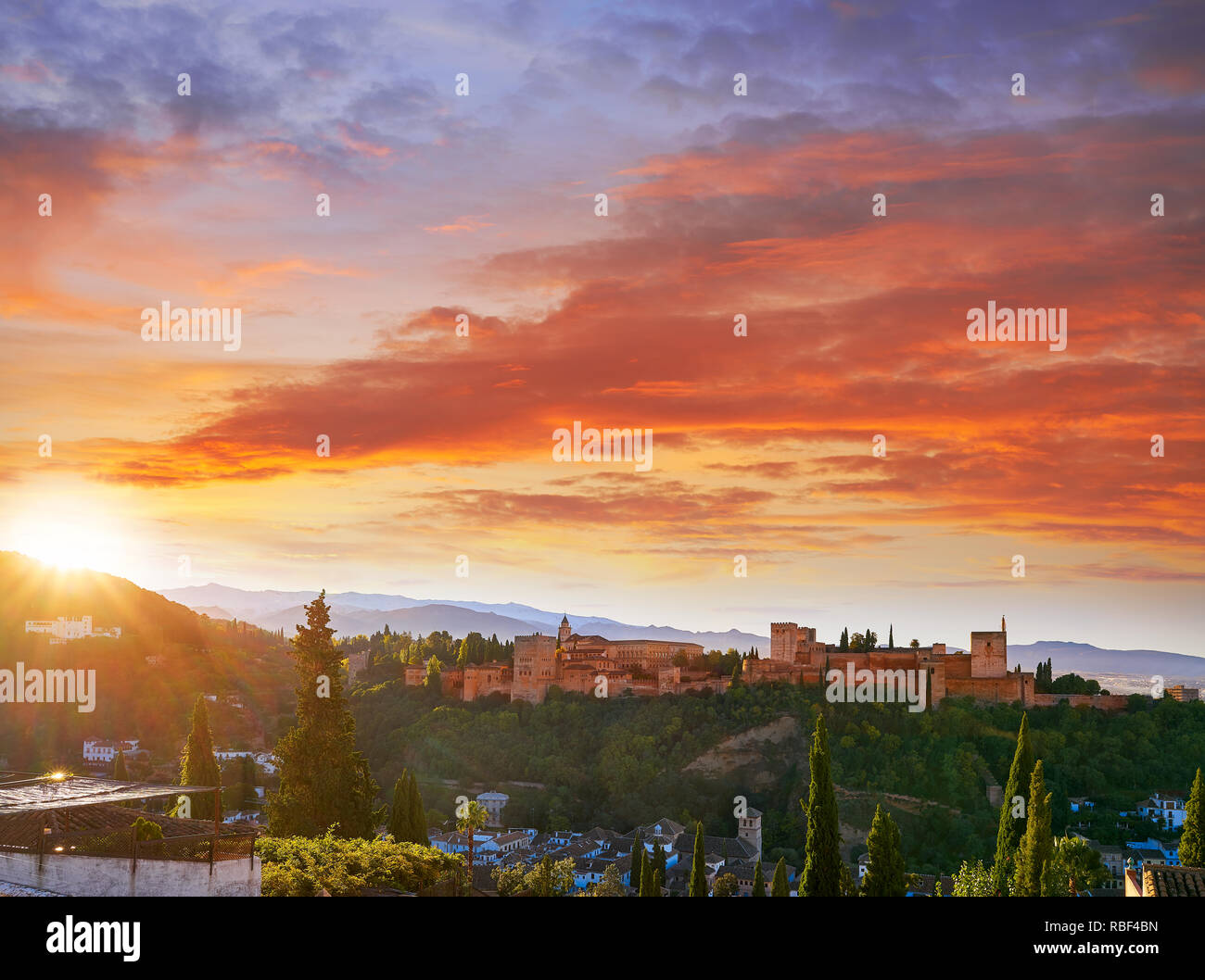 Alhambra sunrise light in Granada of Spain view from Albaicin Stock ...