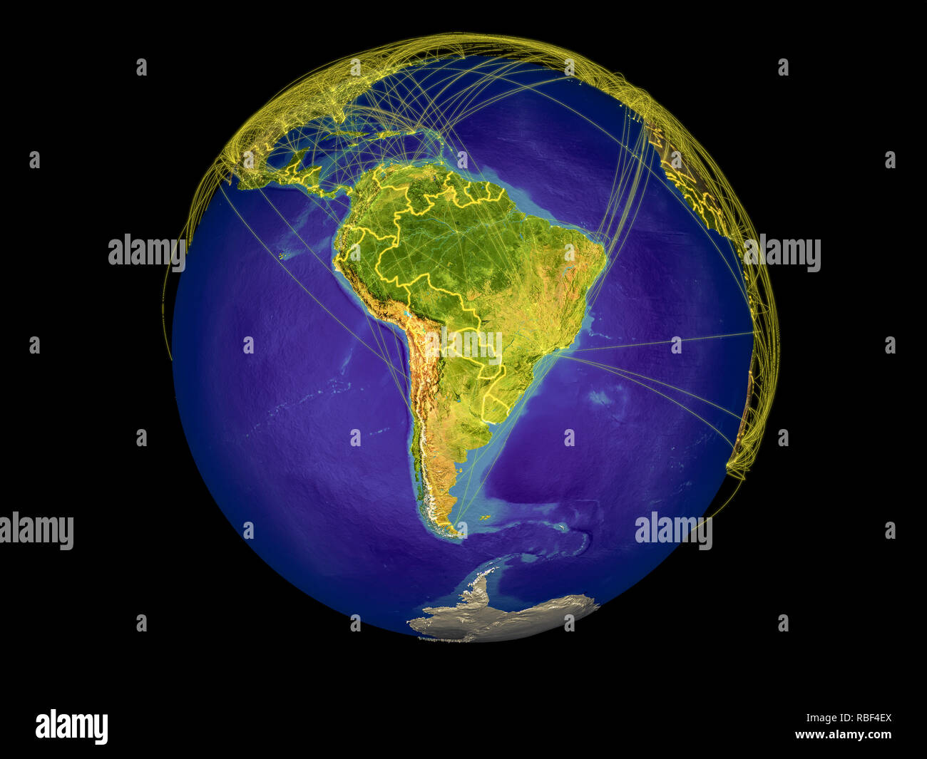 South America from space on Earth with country borders and lines ...