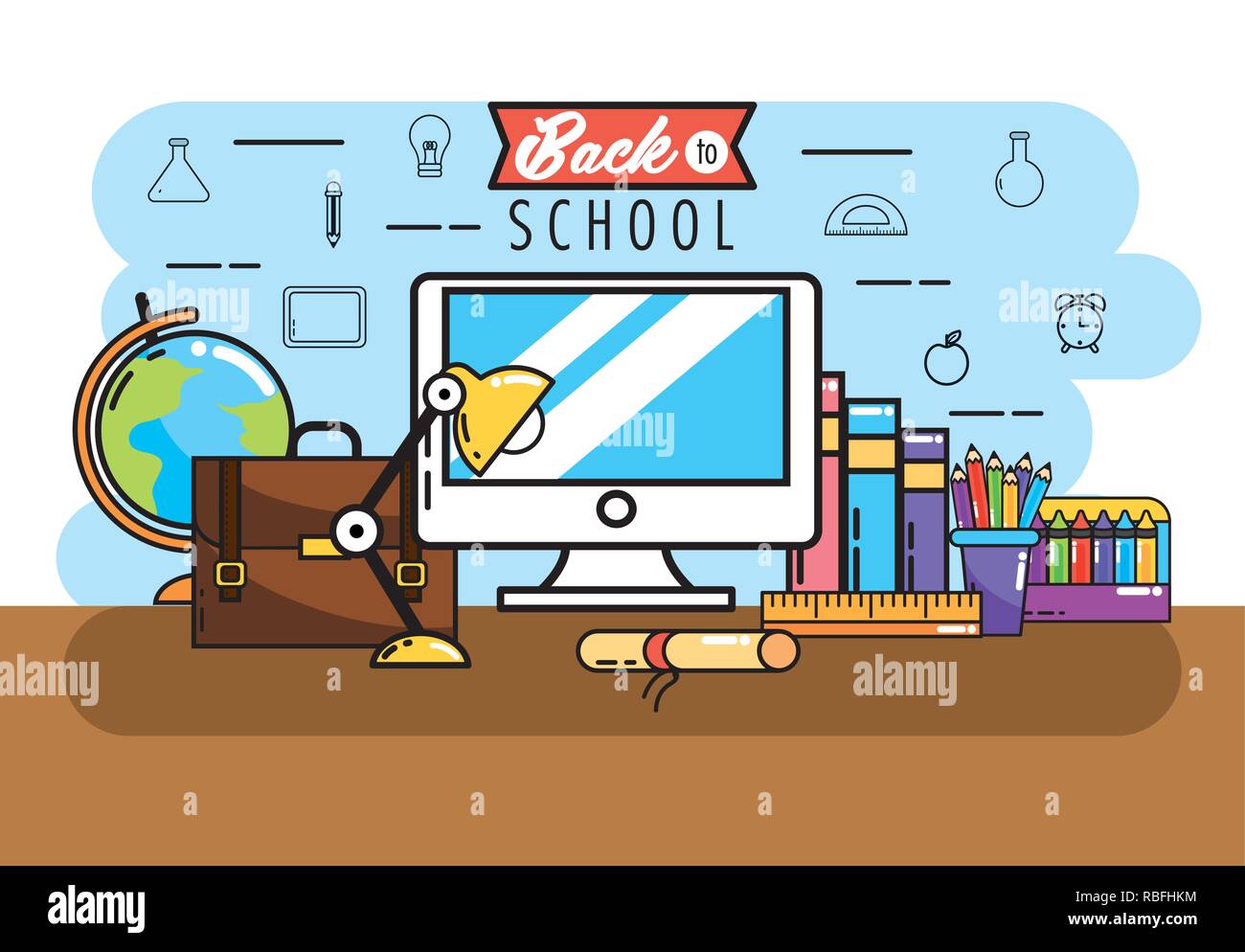 computer with books and pencils colors to school Stock Vector Image ...