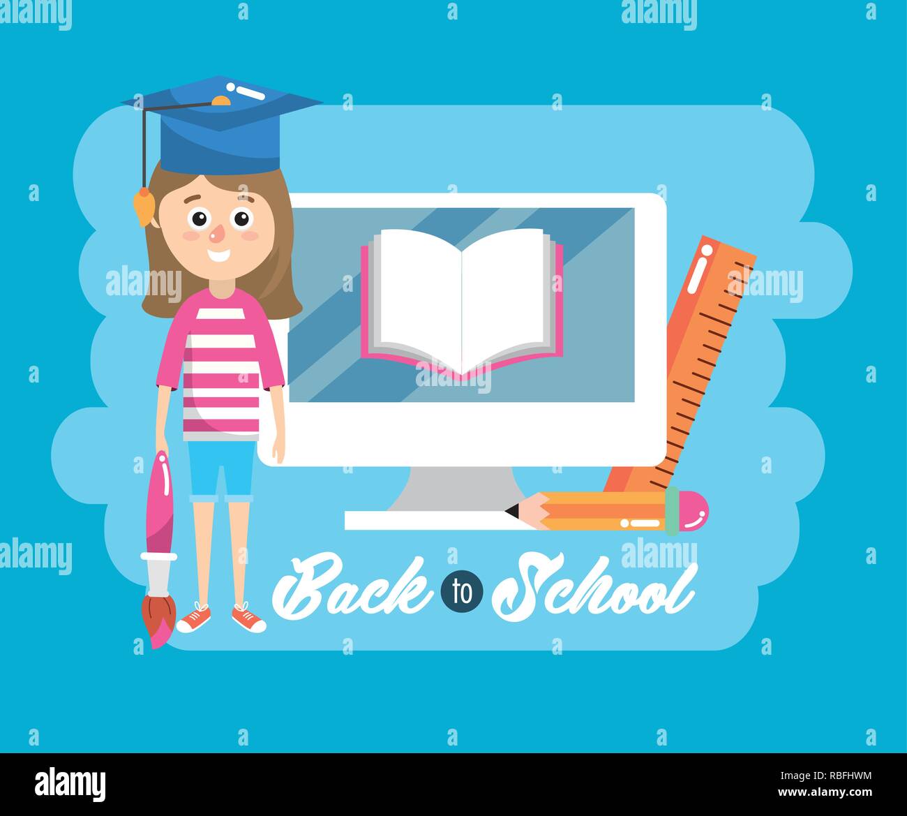 girl and education computer with book and ruler Stock Vector Image ...