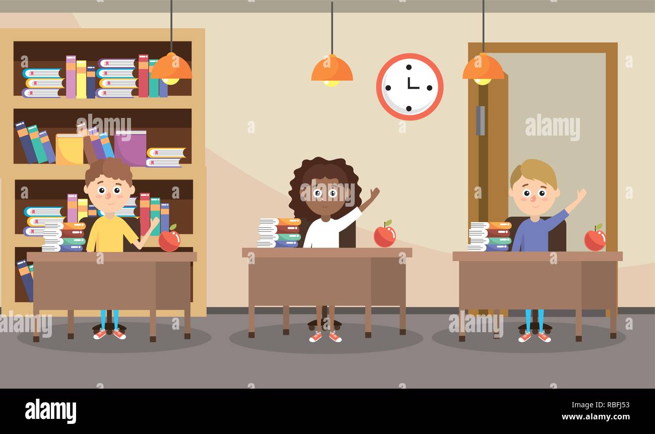 education students in the classroom with desk and bookcase Stock Vector ...
