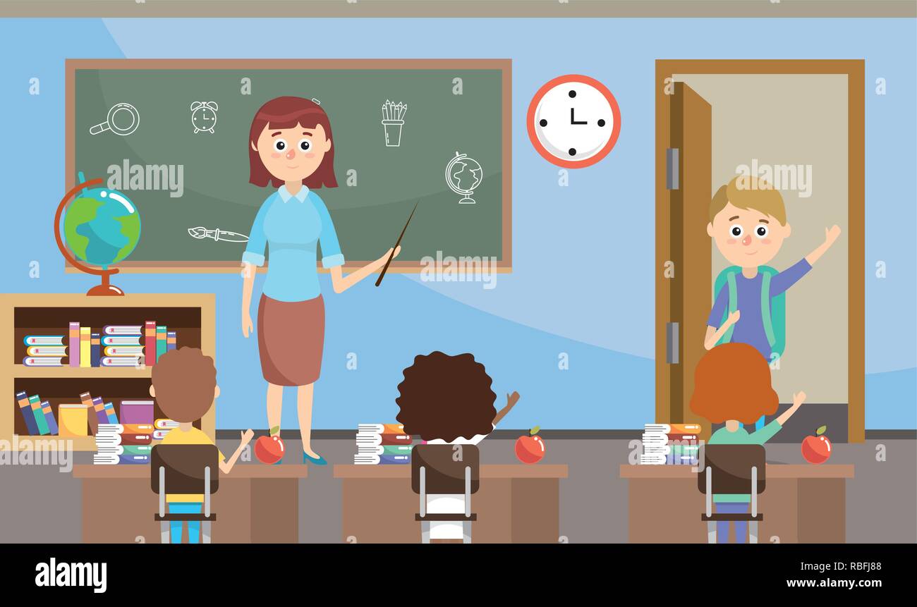 teacher with students with education bookcase in the classroom Stock ...