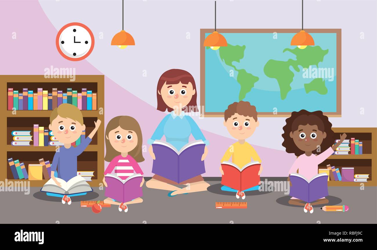 teacher with students with global map in the classroom Stock Vector ...